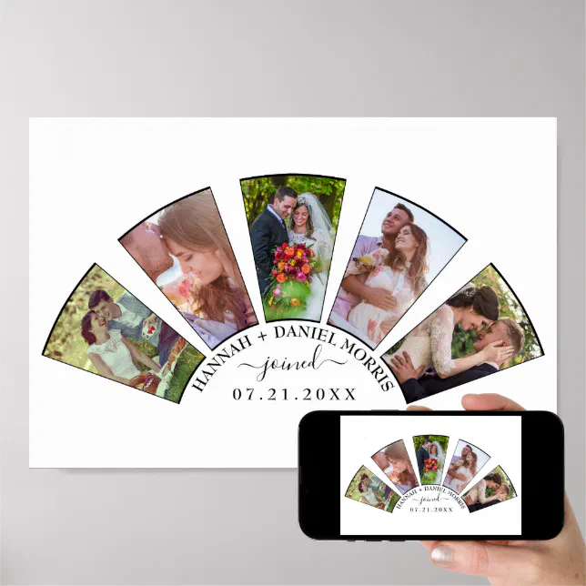 Wedding Photo Collage Fan Shape Custom Name White Poster | Zazzle