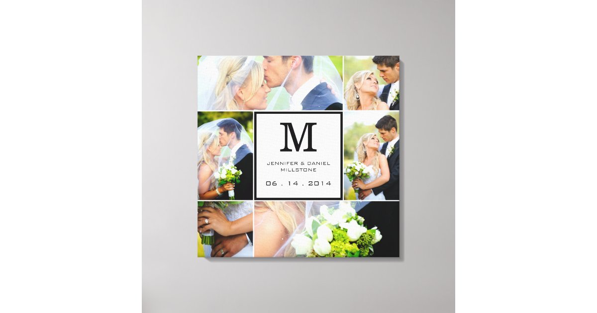 Wedding Photo Collage Template With Monogram Canvas Print | Zazzle
