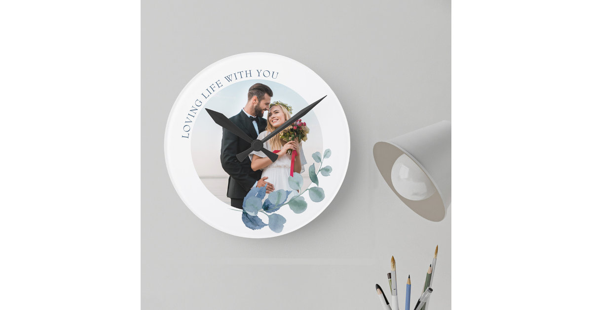 Wedding Photo Eucalyptus Leaves Botanical Frame Round Clock | Zazzle
