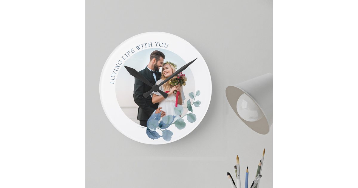 Wedding Photo Eucalyptus Leaves Botanical Frame Round Clock | Zazzle