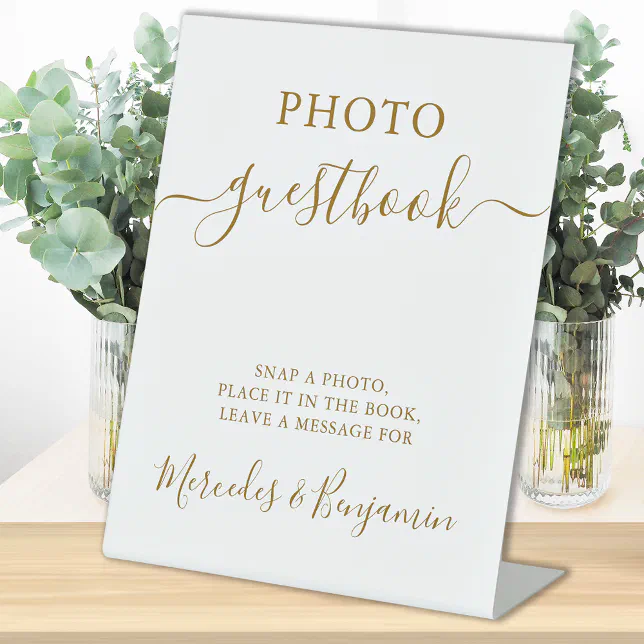 Wedding Photo Guest Elegant Gold Calligraphy Pedestal Sign | Zazzle