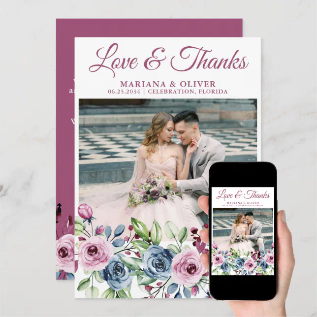 Wedding Photo Love and Thanks Card Navy Blue Wine | Zazzle