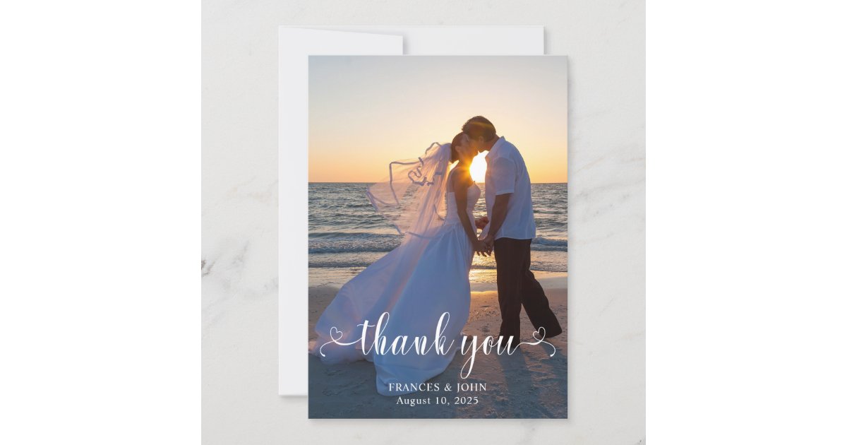Wedding Photo Modern Heart Swash Script V Thank You Card | Zazzle