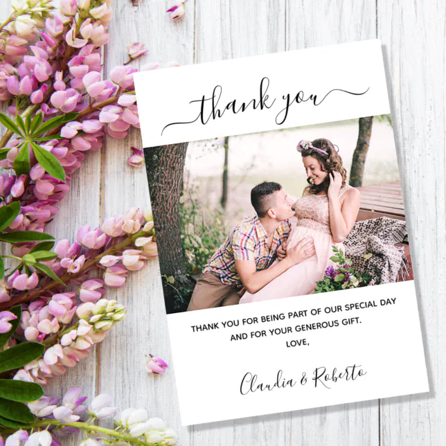 Wedding photo white script thank you card | Zazzle
