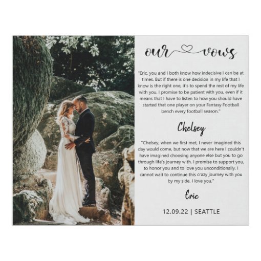 wedding photo with vows modern calligraphy faux canvas print | Zazzle