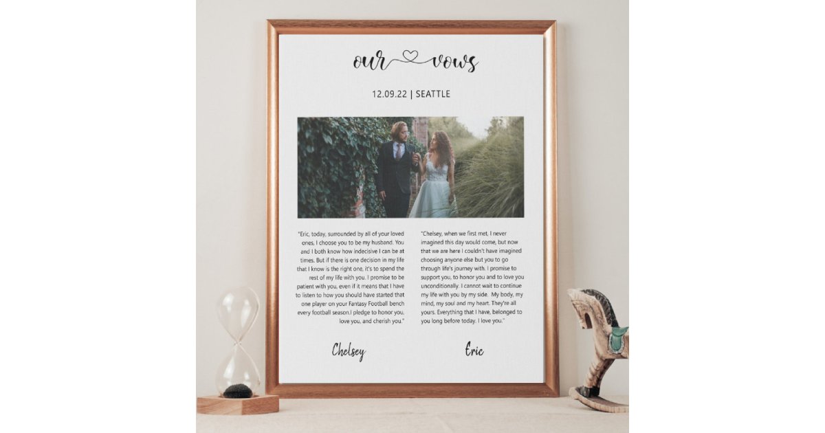 wedding photo with vows modern calligraphy love faux canvas print | Zazzle