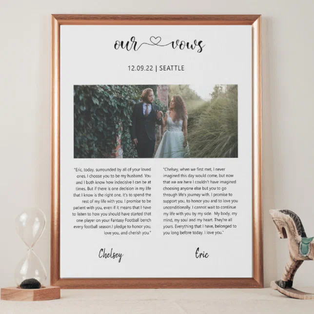 wedding photo with vows modern calligraphy love faux canvas print | Zazzle