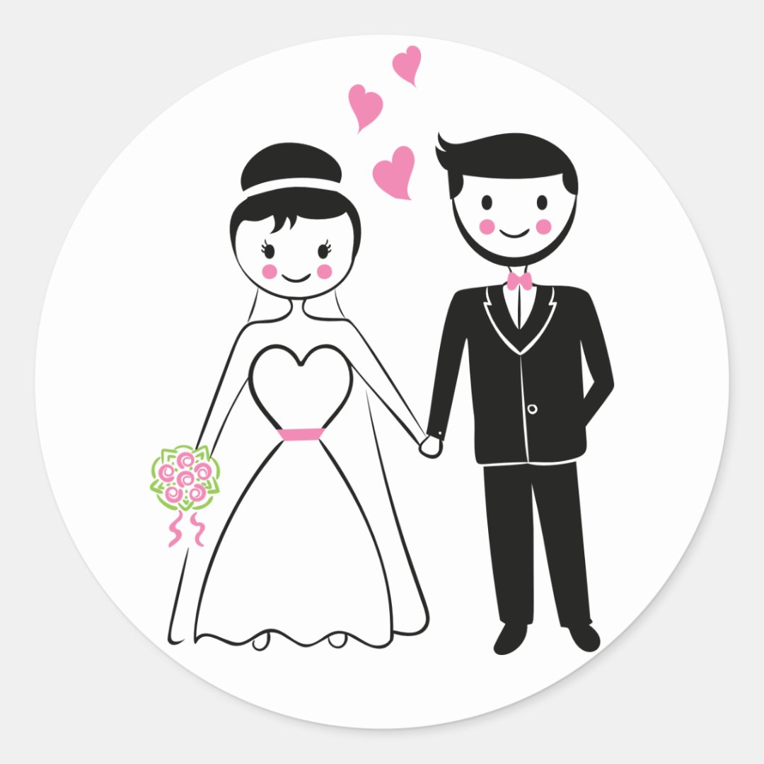 Wedding Pink Bride & Groom Cartoon Just Married Classic Round Sticker ...