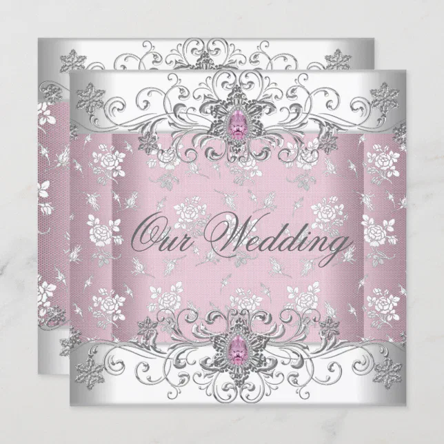 Wedding Pink Silver White Diamond Jewel Lace Invitation | Zazzle