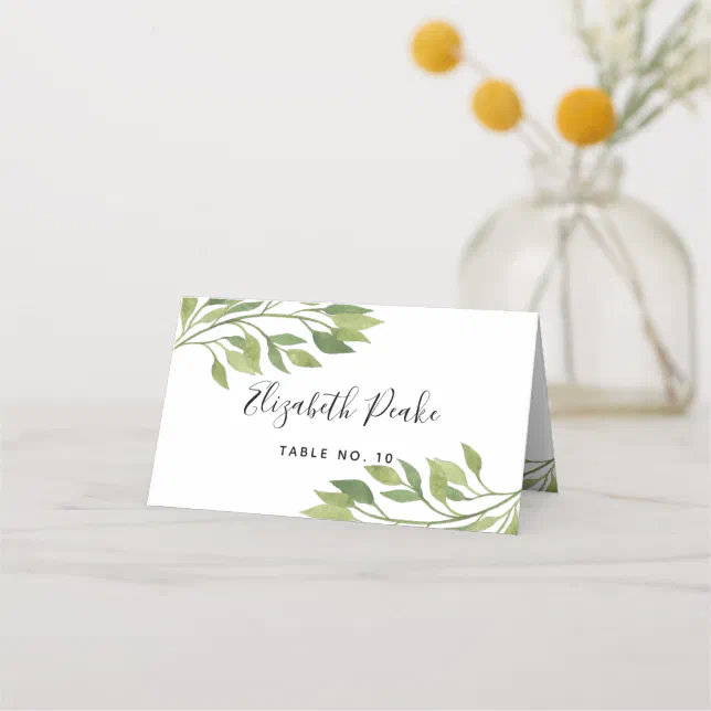 wedding place card greenery green leaf table card | Zazzle