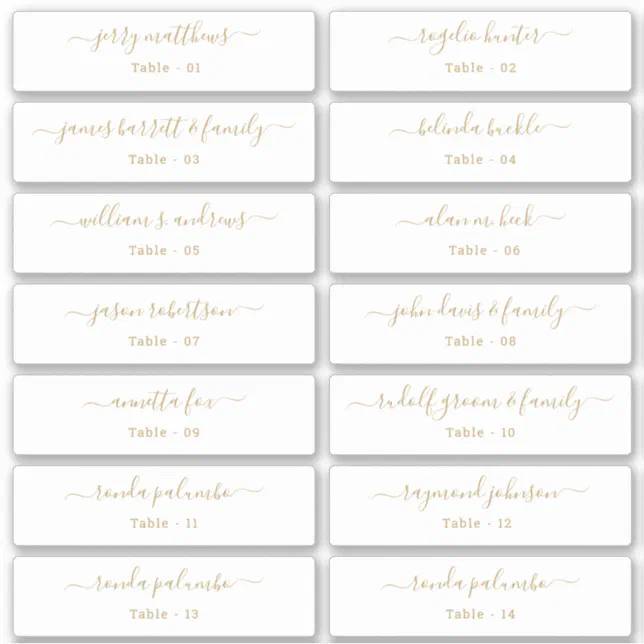 Wedding Place Card Guest Names Table Number Gold Sticker | Zazzle