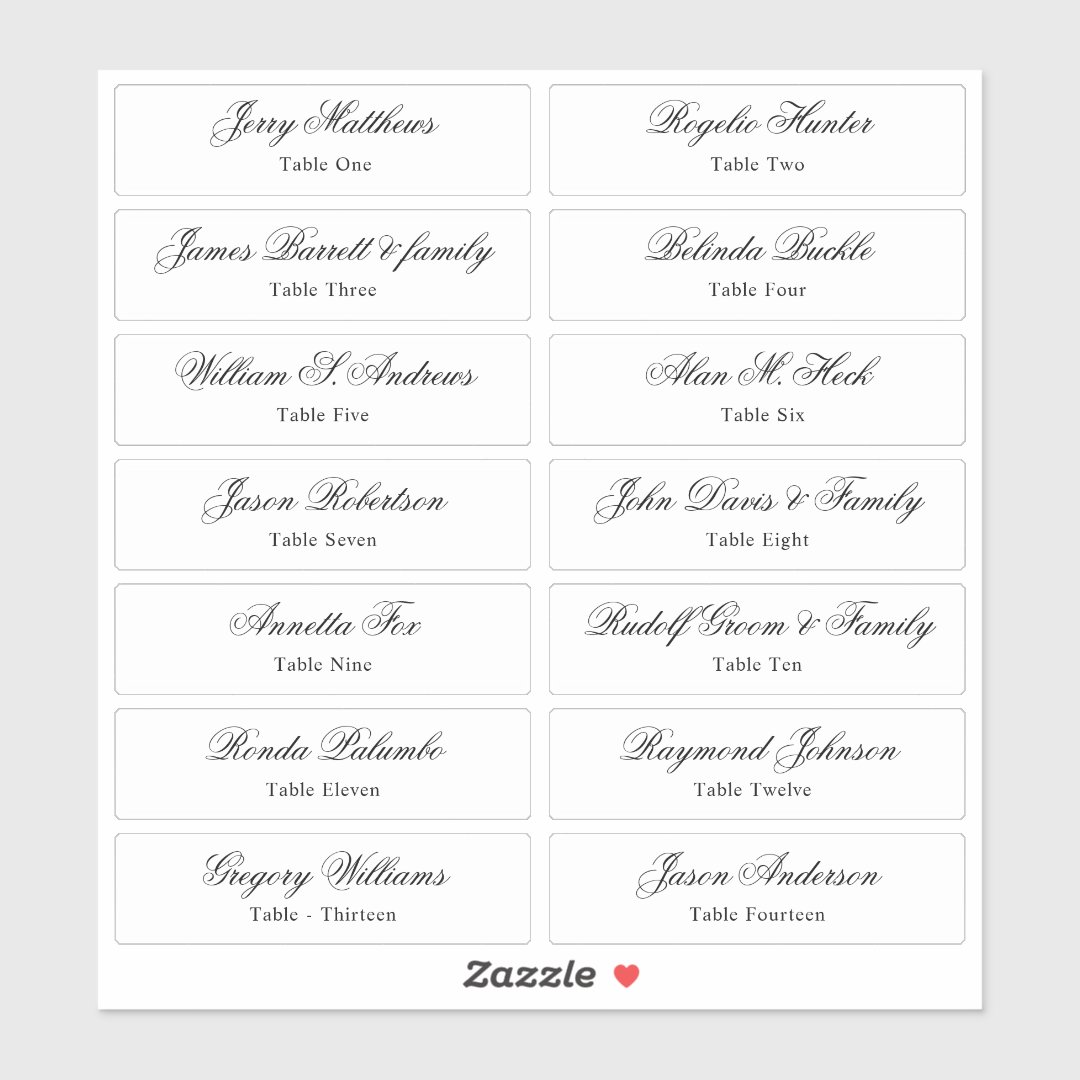 Wedding Place Card Guest Names Table Number Stick Sticker | Zazzle