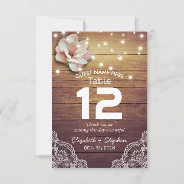 Wedding Place Table Number Floral Lights Wood Lace | Zazzle