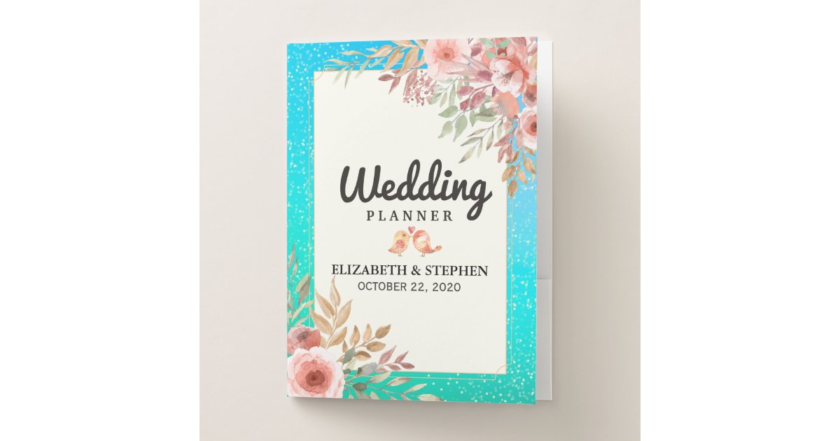 Wedding Planner Elegant Pink Floral Teal Gold Dots Pocket Folder | Zazzle