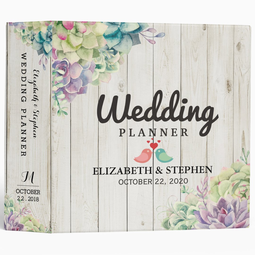 Wedding Planner Watercolor Succulents Rustic Wood 3 Ring Binder | Zazzle