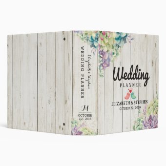 Wedding Planner Watercolor Succulents Rustic Wood 3 Ring Binder | Zazzle