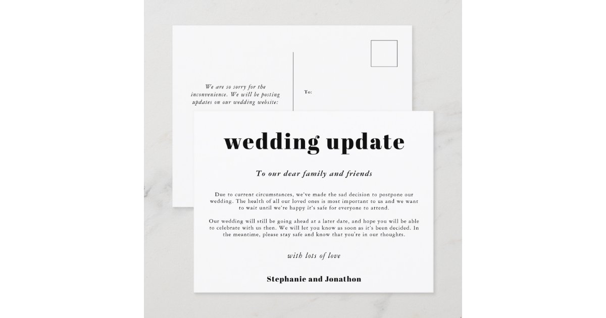 Wedding Postpone Update Typographical Black White Announcement Postcard ...
