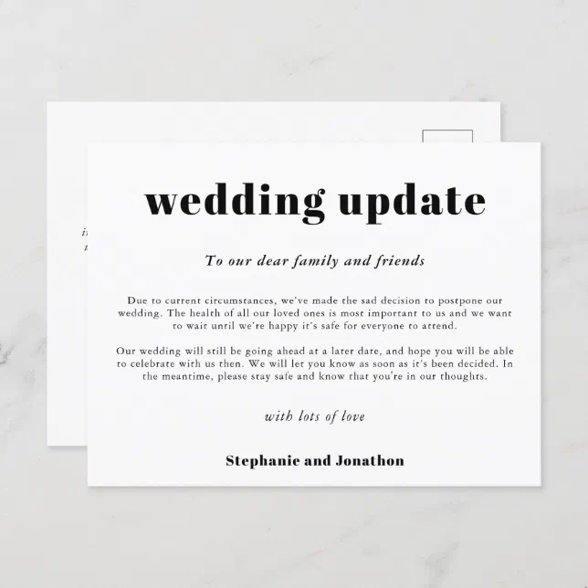 Wedding Postpone Update Typographical Black White Announcement Postcard ...