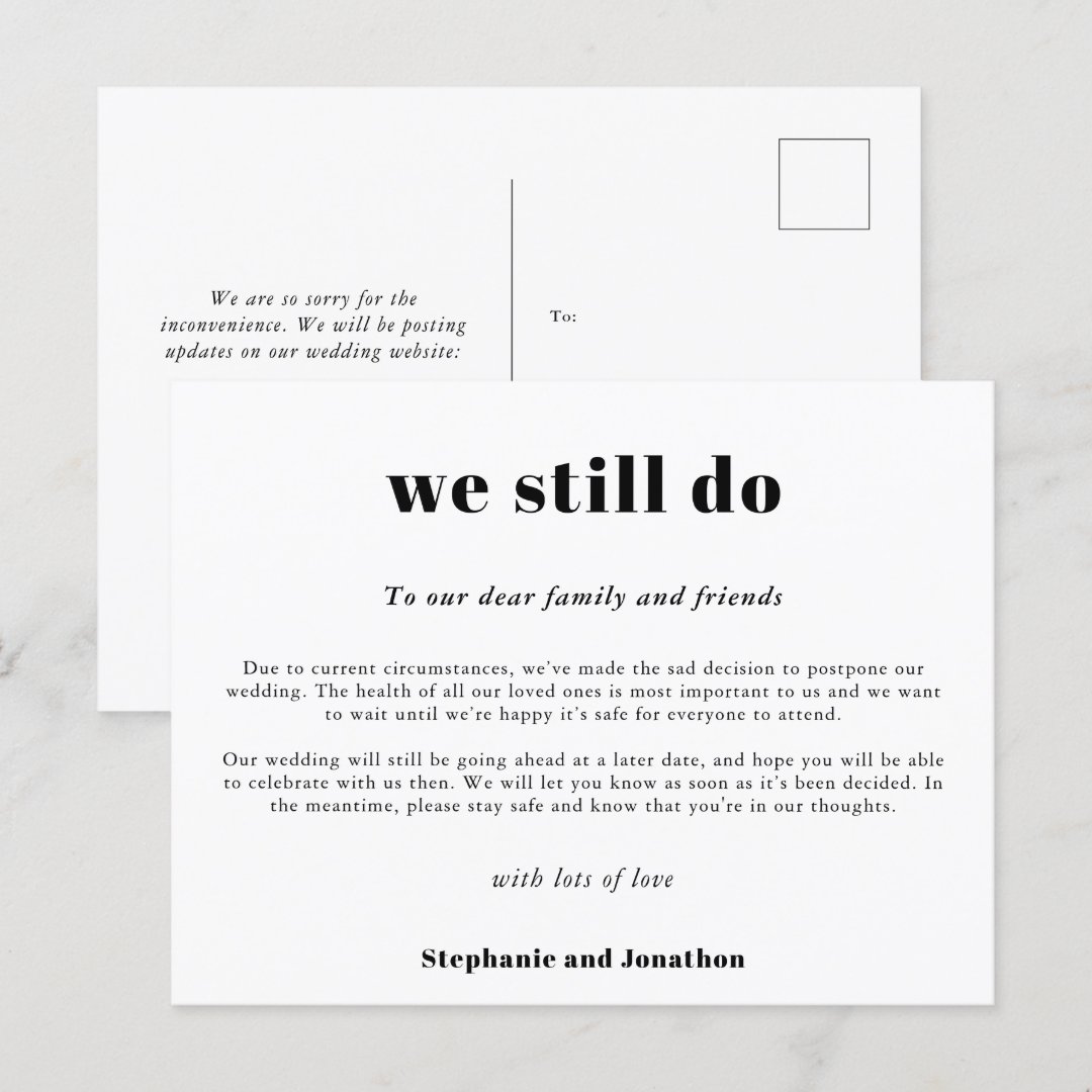 Wedding Postpone We Still Do COVID Script White Announcement Postcard | Zazzle