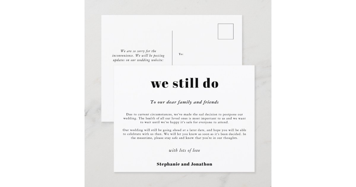 Wedding Postpone We Still Do COVID Script White Announcement Postcard ...