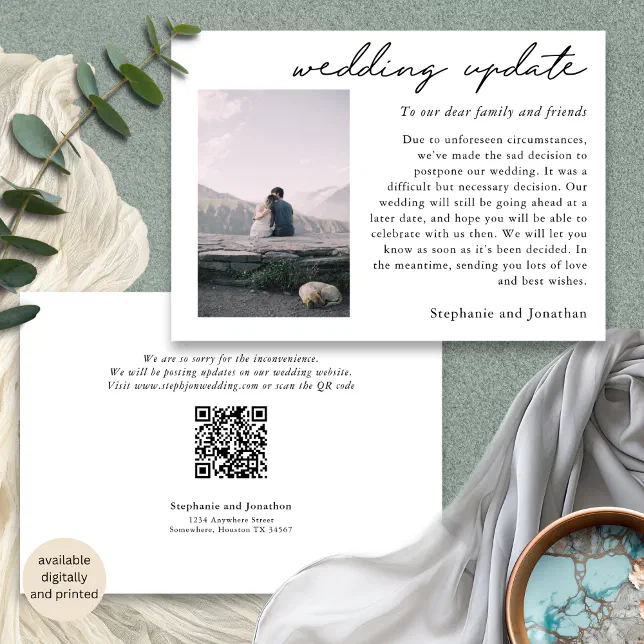 Wedding Postponement Photo Update Modern Script Announcement | Zazzle