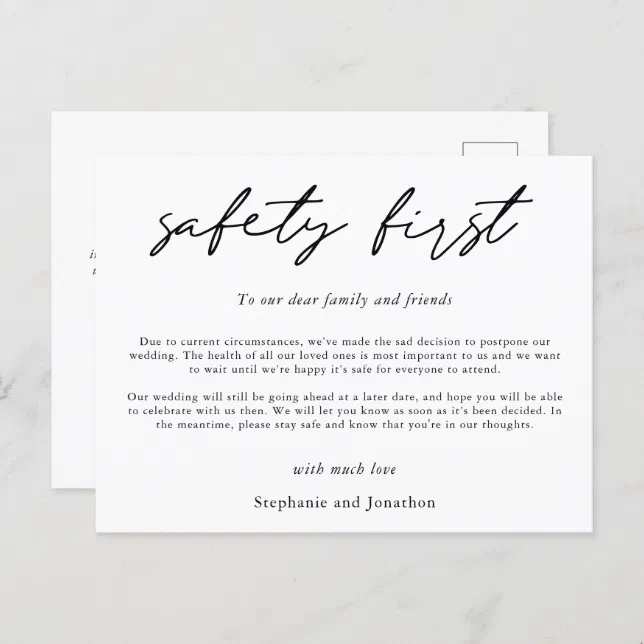 Wedding Postponement Safety First COVID Script Announcement Postcard | Zazzle