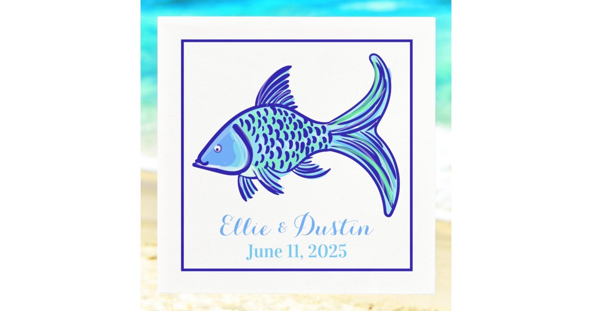 Wedding Preppy Blue Fish Personalized Napkins | Zazzle
