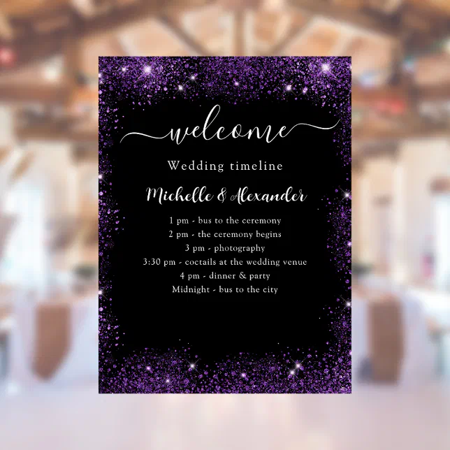 Wedding program black purple welcome poster | Zazzle
