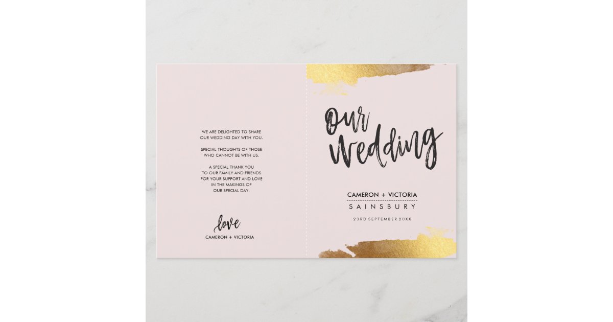 WEDDING PROGRAM brushed lettering gilded gold pink | Zazzle