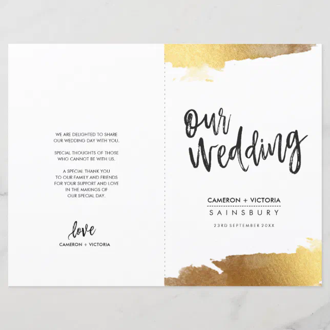 WEDDING PROGRAM brushed lettering luxe gilded gold | Zazzle