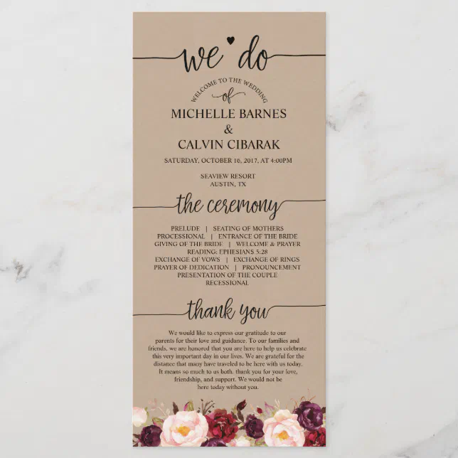 Wedding program card in rustic calligraphy design | Zazzle