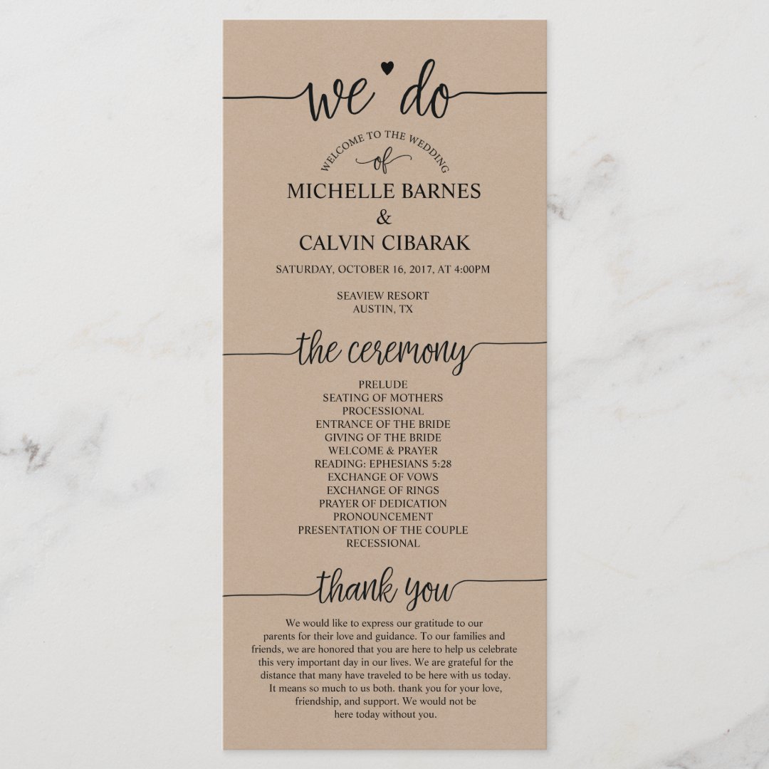 Wedding program card rustic calligraphy design v2 | Zazzle