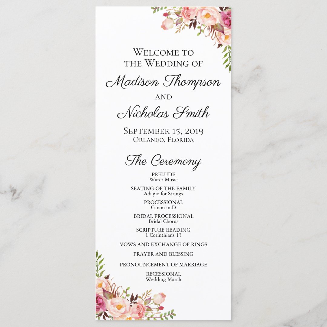 Wedding Program Cards with Rustic Pink Flowers | Zazzle