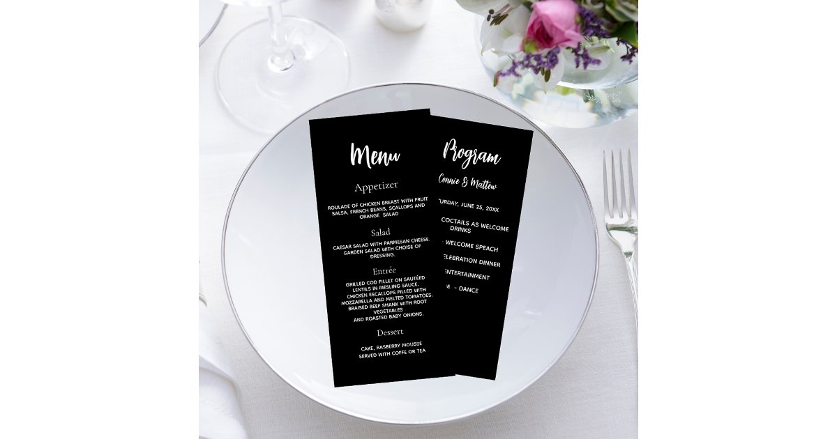 Wedding program dinner menu black white | Zazzle
