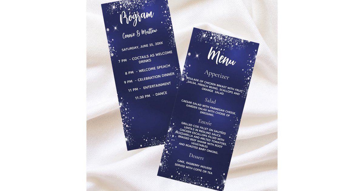 Wedding program dinner menu navy blue silver | Zazzle