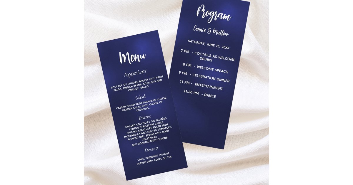 Wedding program dinner menu navy blue white | Zazzle