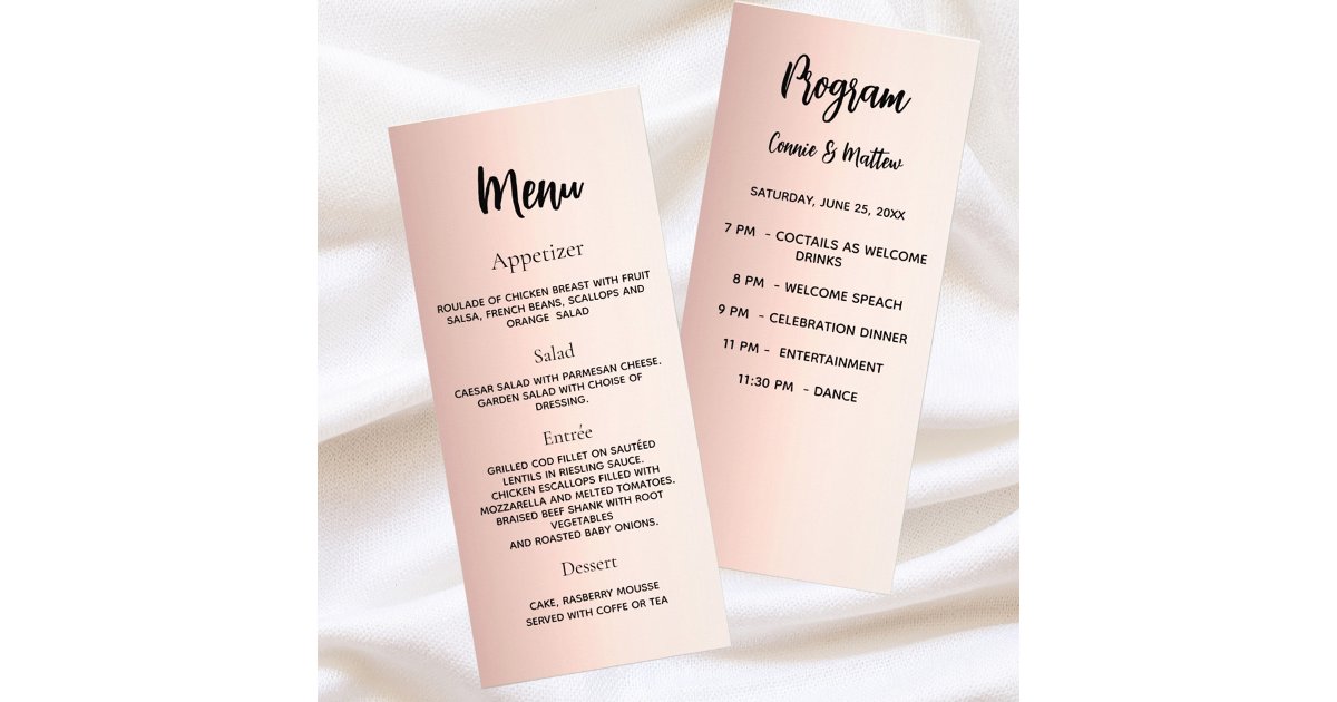 Wedding program dinner menu rose gold | Zazzle