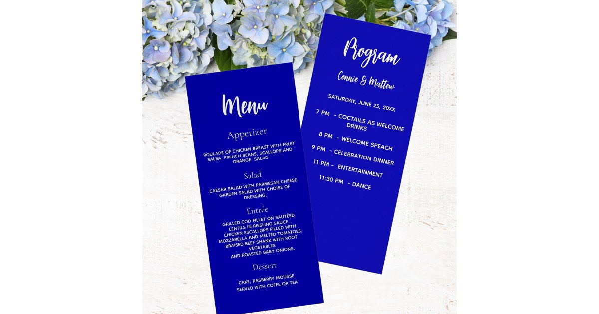 Wedding program dinner menu royal blue white | Zazzle