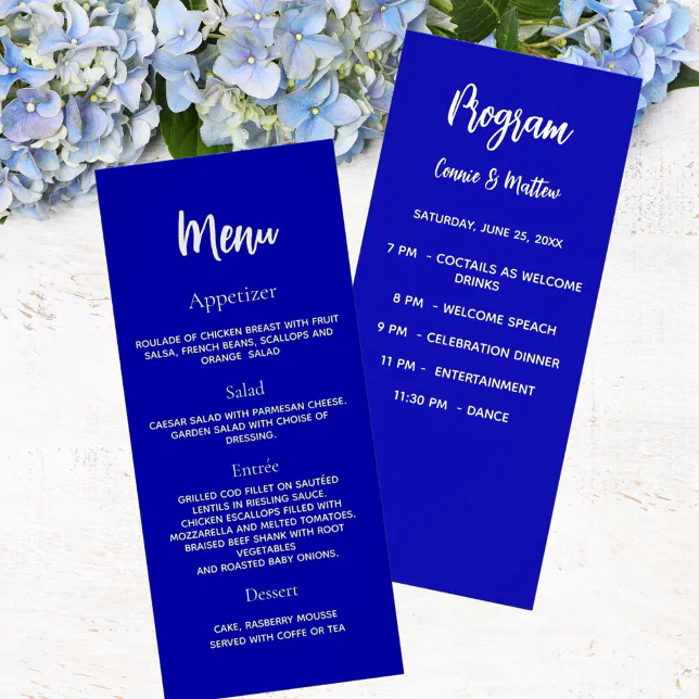 Wedding program dinner menu royal blue white | Zazzle