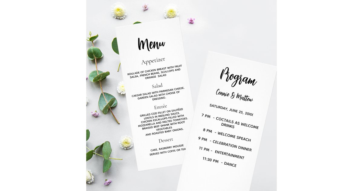 Wedding program dinner menu white black | Zazzle