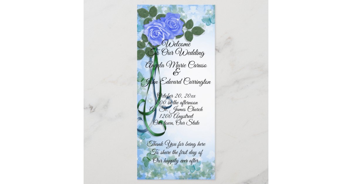Wedding Program elegant Blue Roses teal ribbon | Zazzle