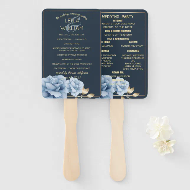 Wedding Program Elegant Midnight blue floral Hand Fan | Zazzle