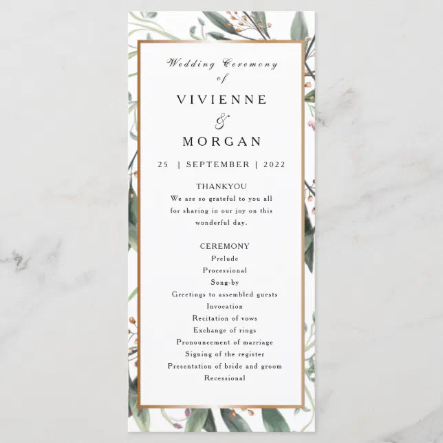 Wedding program elegant watercolor green leaf gold | Zazzle