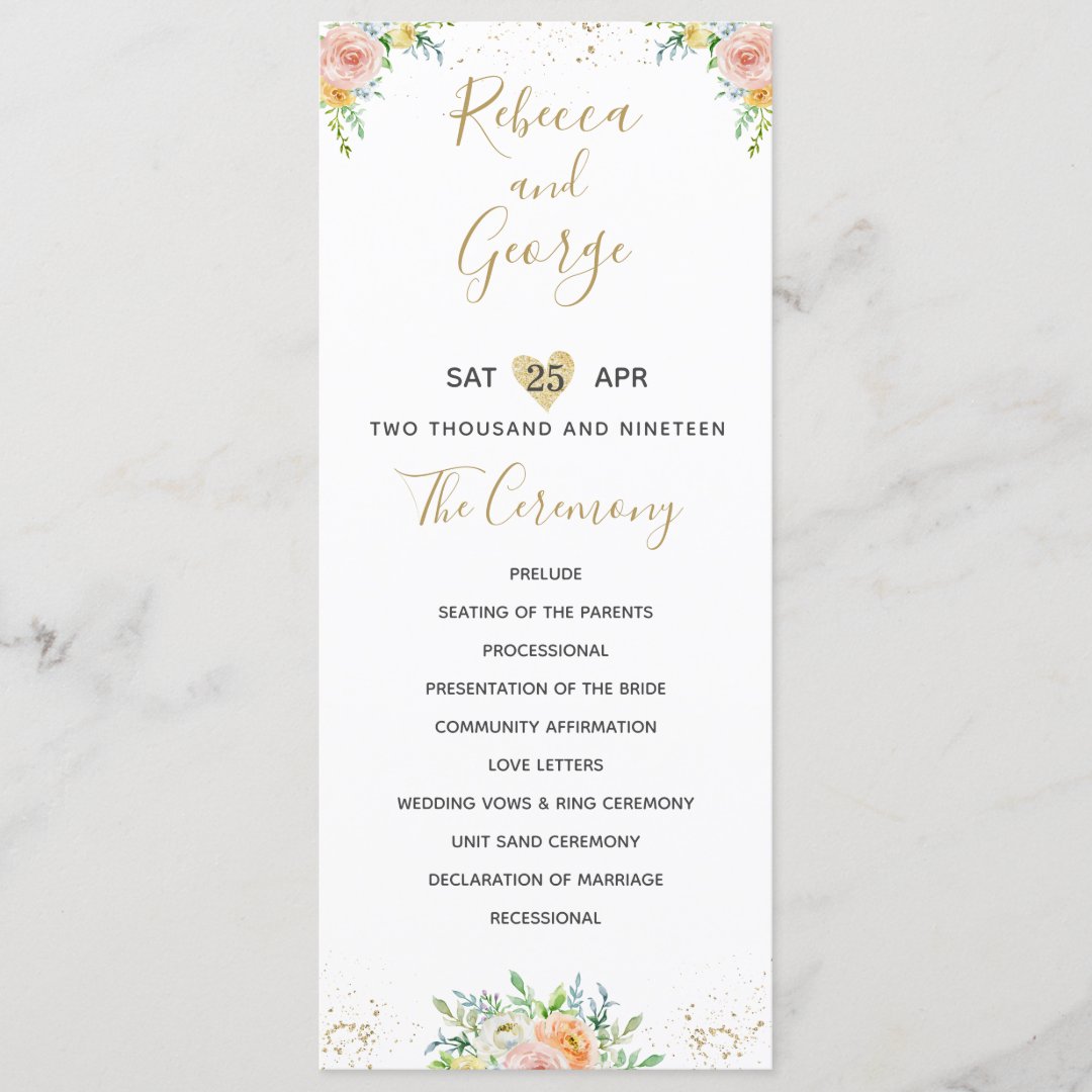 Wedding program floral blush and gold elegant | Zazzle