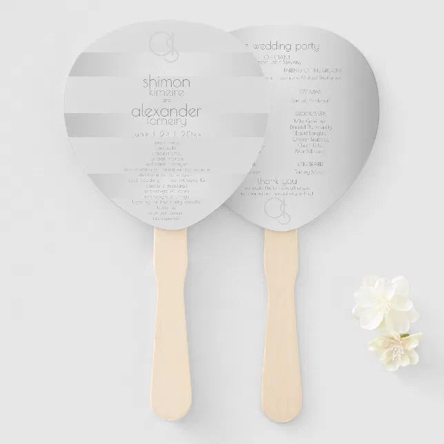 Wedding Program Luminous Silver Stripes Monogram Hand Fan | Zazzle