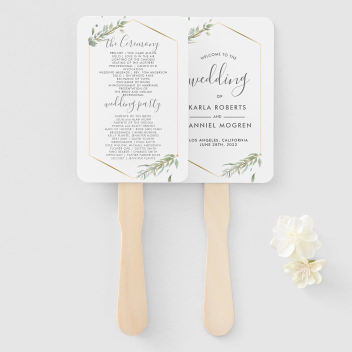 Wedding Program-Modern Gold & Foliage Frame Hand Fan | Zazzle.com