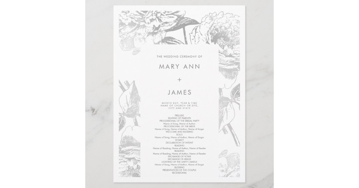 Wedding Program Modern Simple Floral Silver | Zazzle