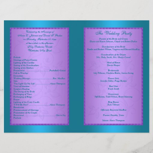 Wedding Program | Purple, Turquoise Floral Hearts | Zazzle