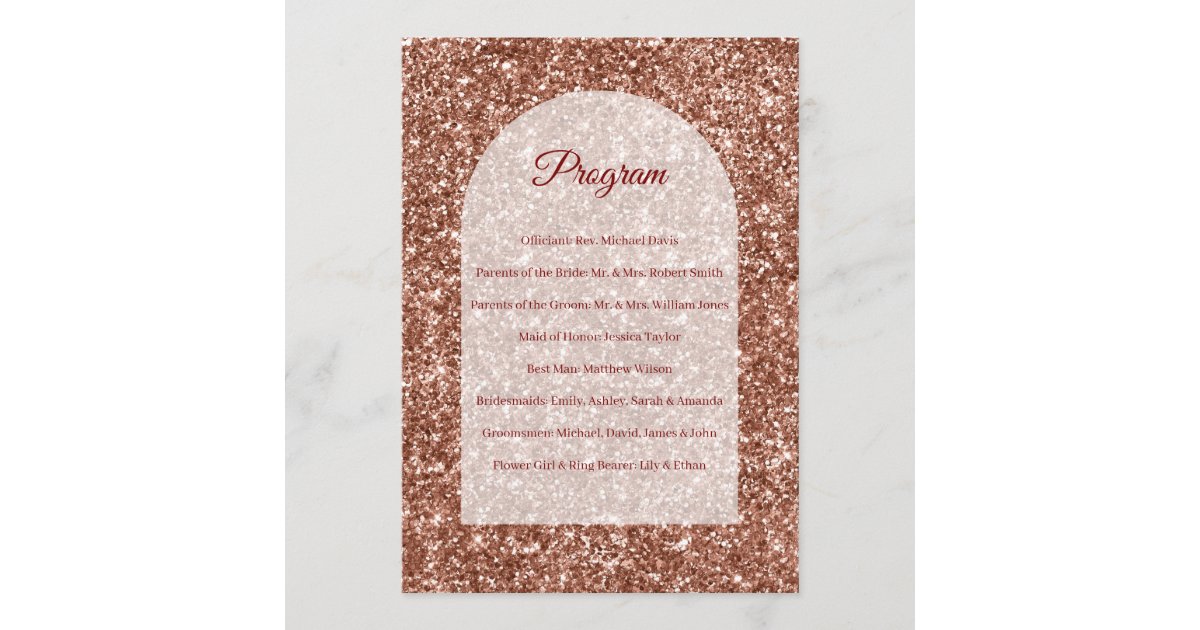 Wedding Program Rose Gold Ceremony Arched Glitter | Zazzle