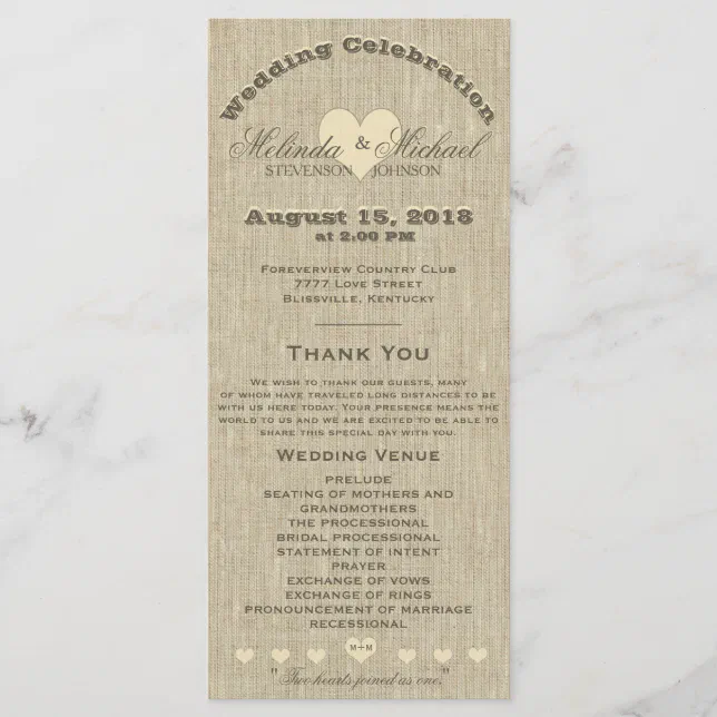 Wedding Program Rustic Linen | Zazzle